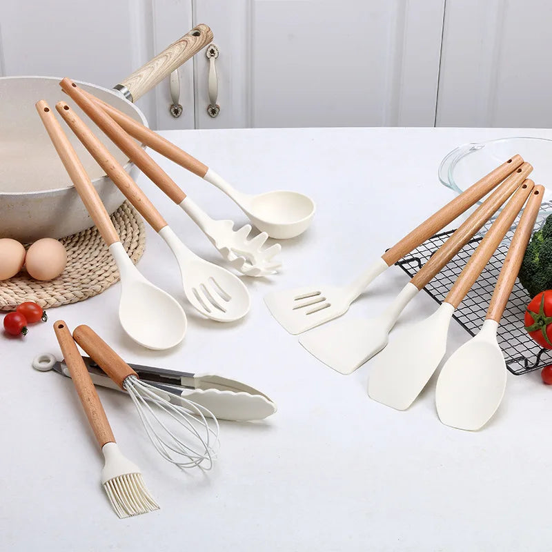 Wood Handle 12-Piece Silicone Kitchen Utensil Set – Home Haven Décor Store